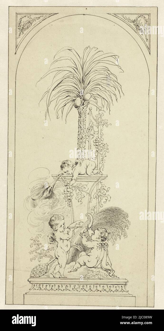 Panel filling with three putti and palm tree, draughtsman: Johannes van ...