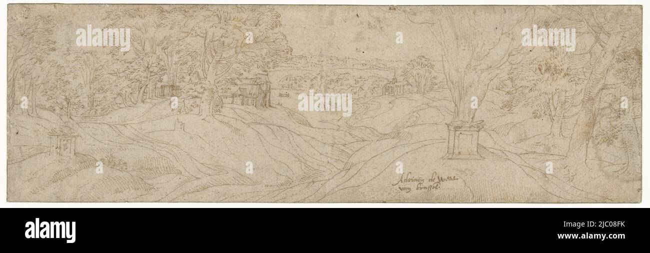 Landscape with two altars or fire beacons, draughtsman: Adriaan de ...