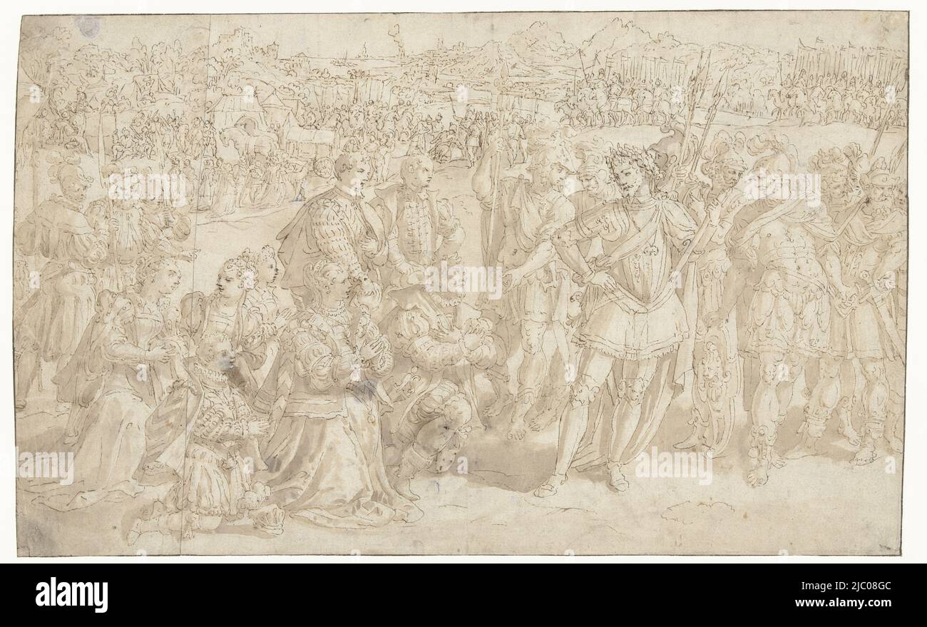 Royal (?) couple kneeling before a general, draughtsman: Maerten de Vos ...
