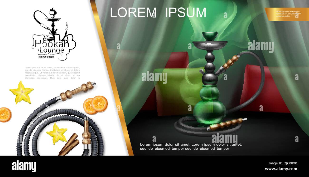 Realistic hookah lounge template with smoke around hookah star anise ...