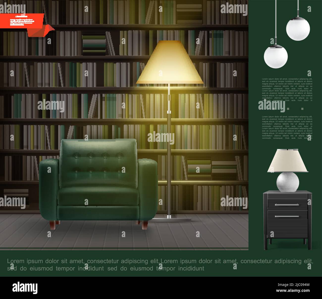 Realistic home library room interior template with bookcase full of ...