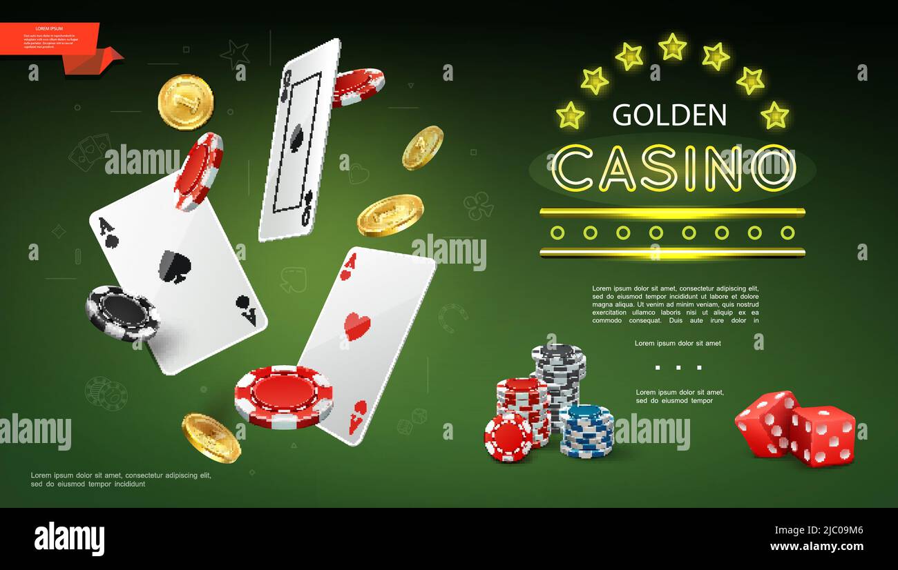 Realistic casino composition with flying playing cards poker chips gold ...