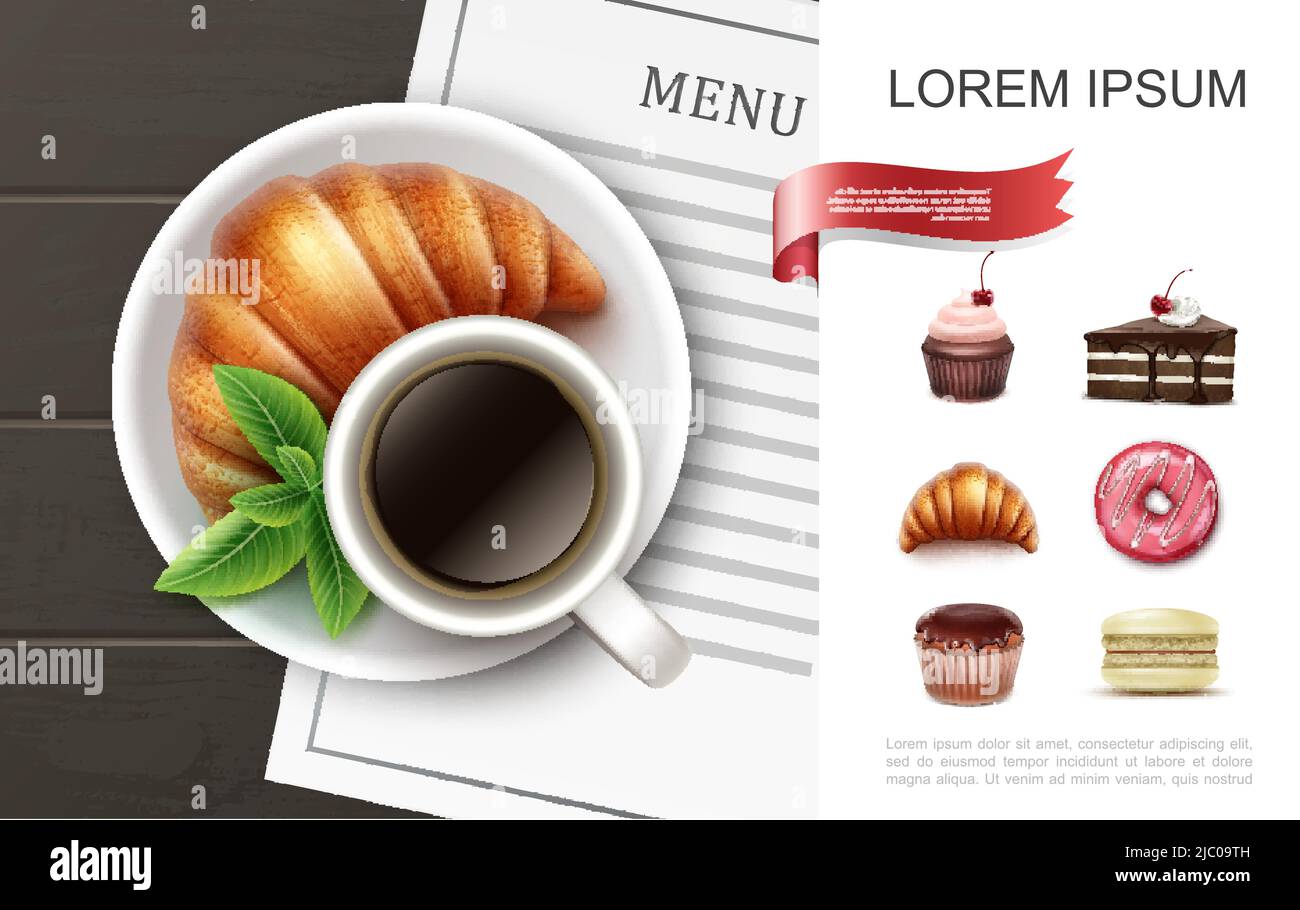 Realistic desserts and baking products concept with cupcake pie piece ...