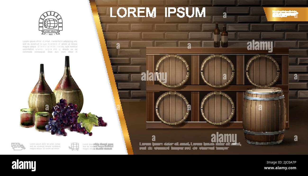 Realistic winemaking modern template with bottles glasses grape bunches ...
