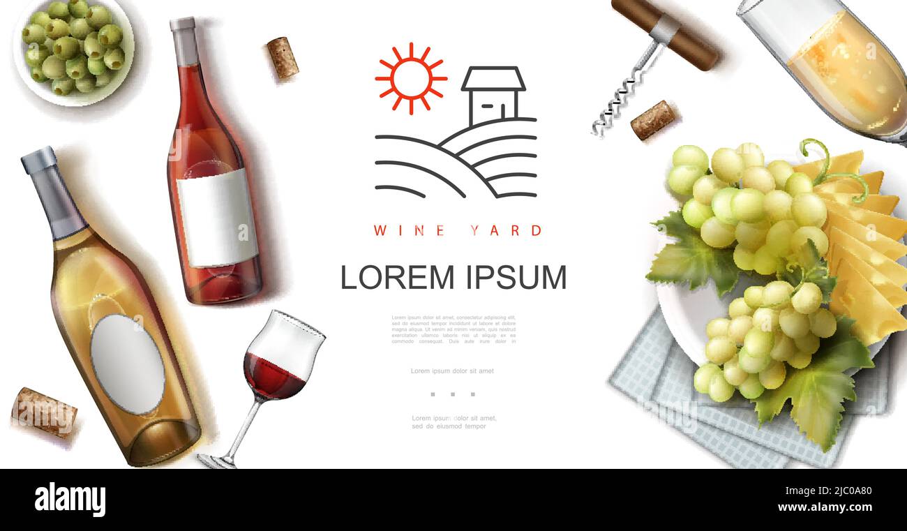 Realistic wine premium concept with bottles and glasses full of red ...