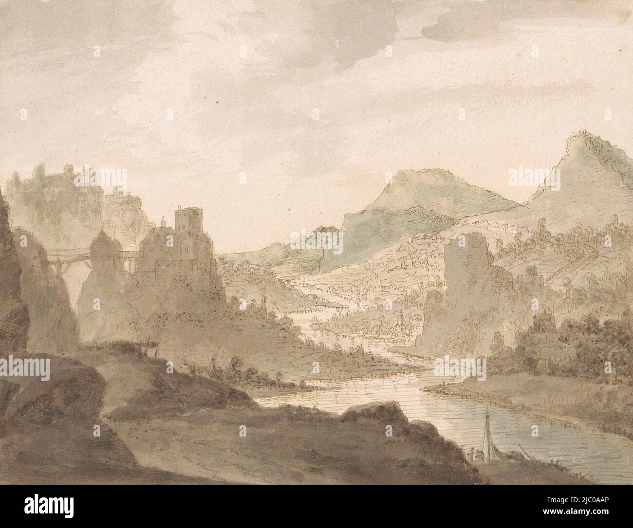 River landscape, draughtsman: Jan Griffier (I), 1655 - 1718, paper, pen ...