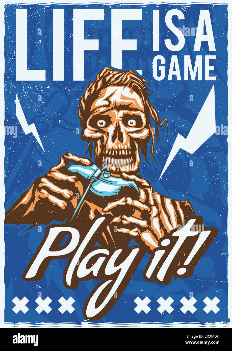 T-shirt or poster design with illustration of Skeleton that plays video ...