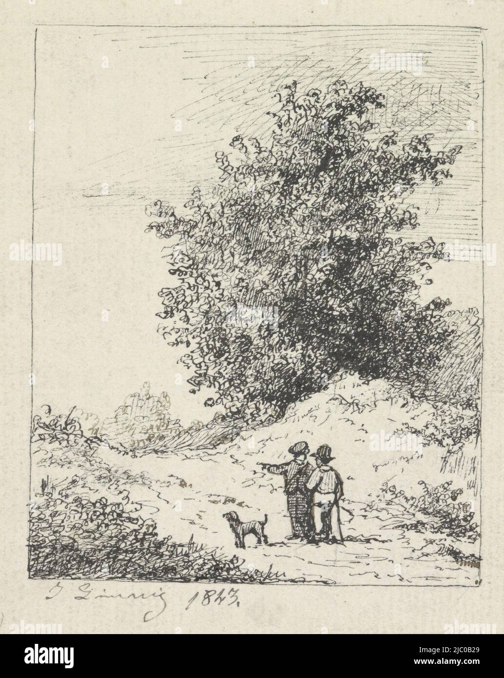 Design for a print, Landscape at Tienen with two men and a dog ...