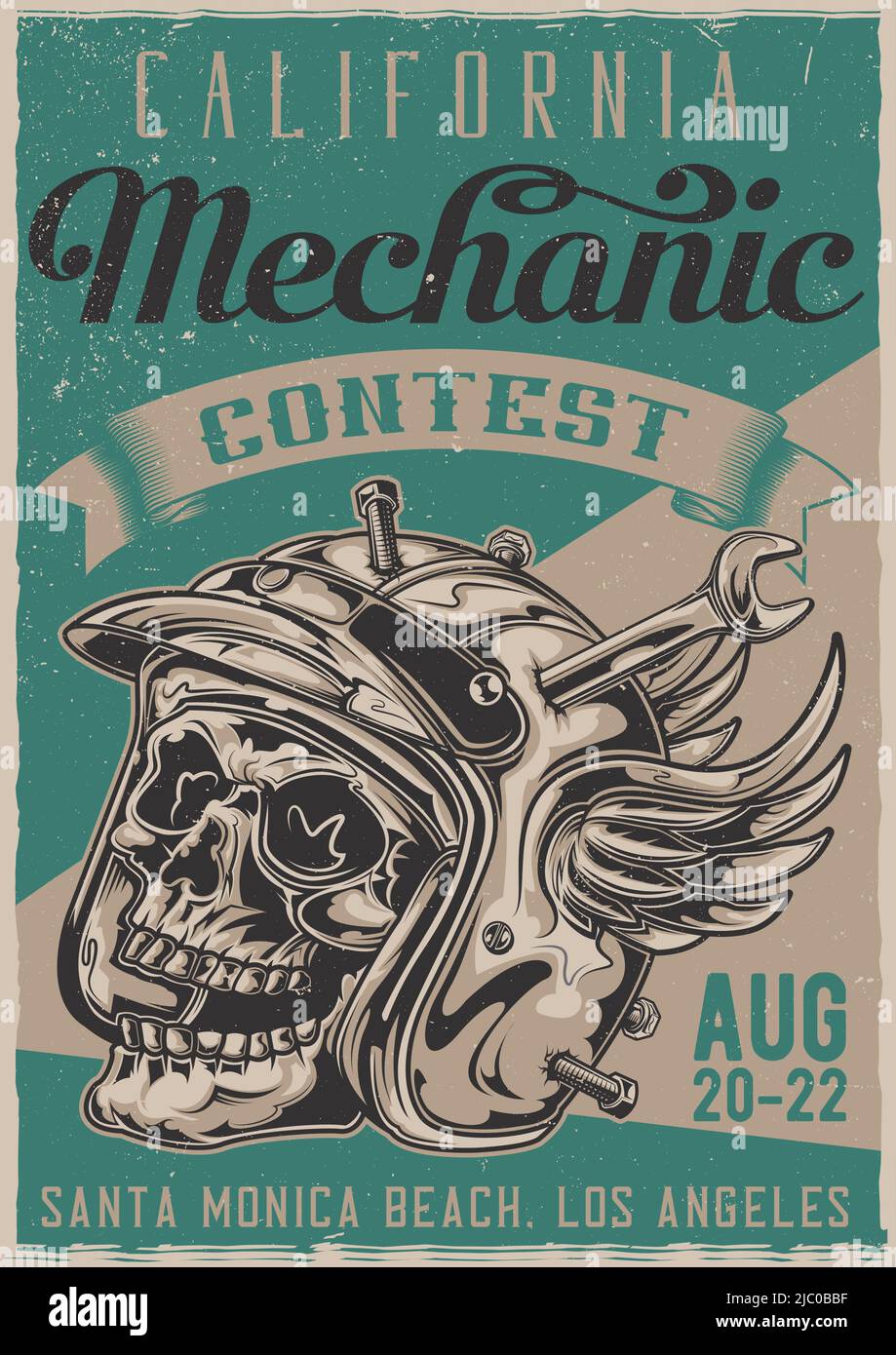 T-shirt or poster design with illustration of mechanic skull Stock ...