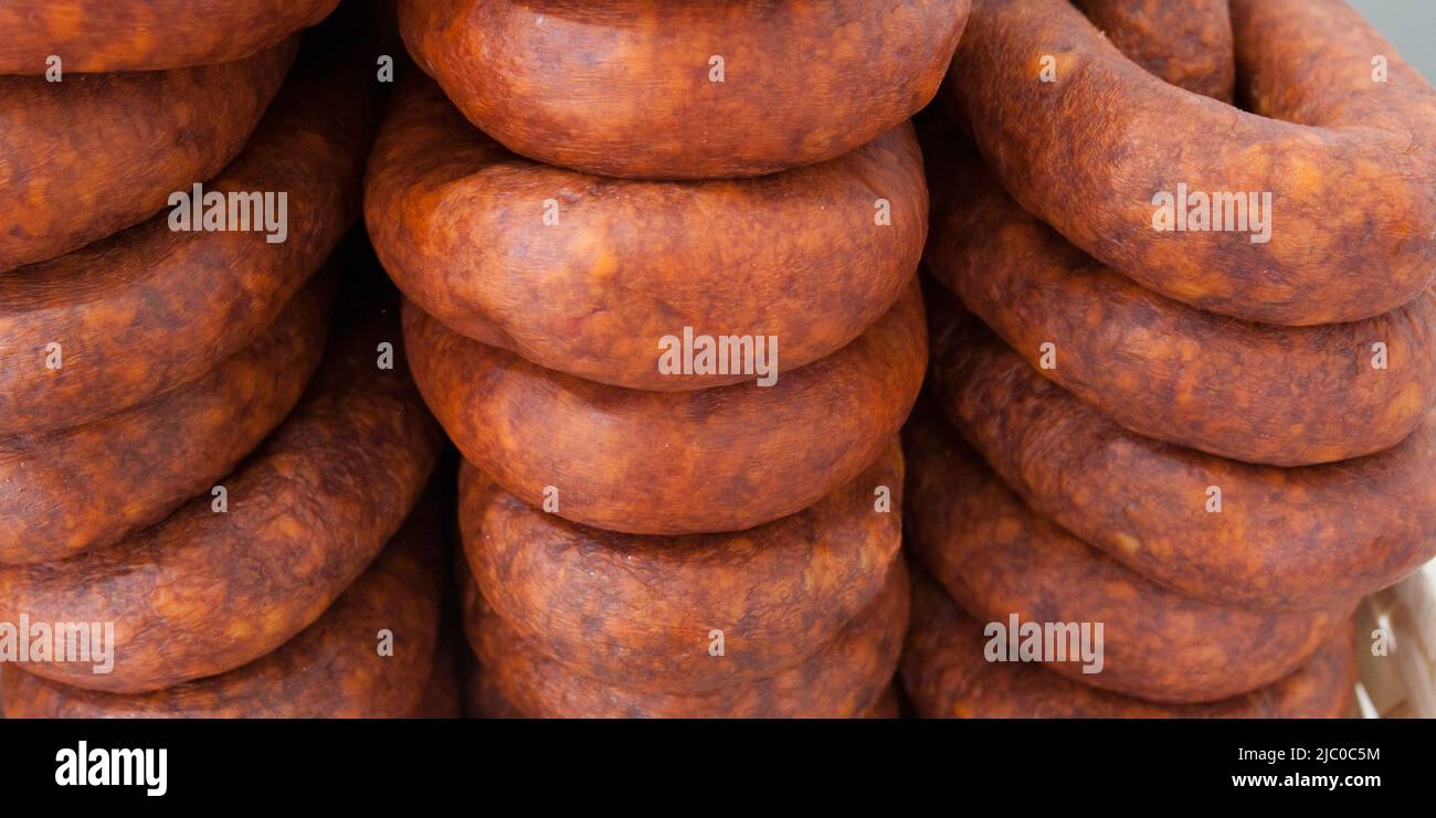 Red iberian chorizo displayed at street market stall. Closeup Stock ...