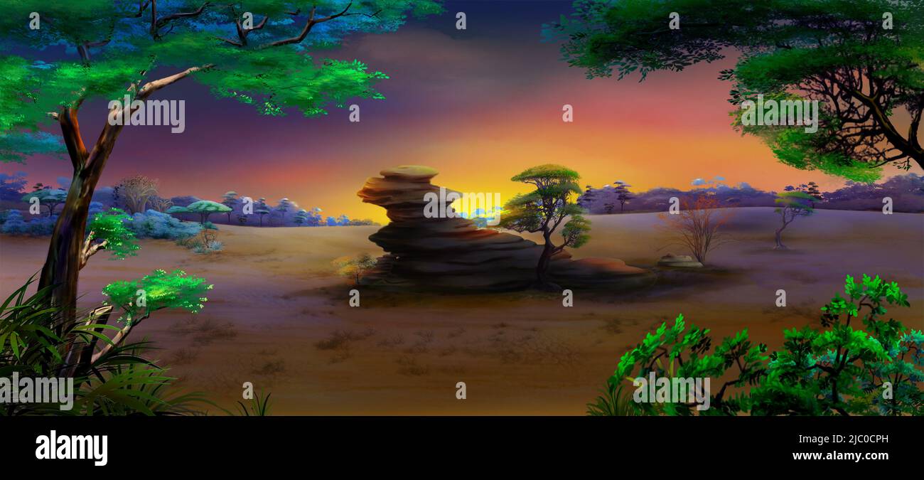 Lone rock in african landscape at sunset. Digital Painting Background ...
