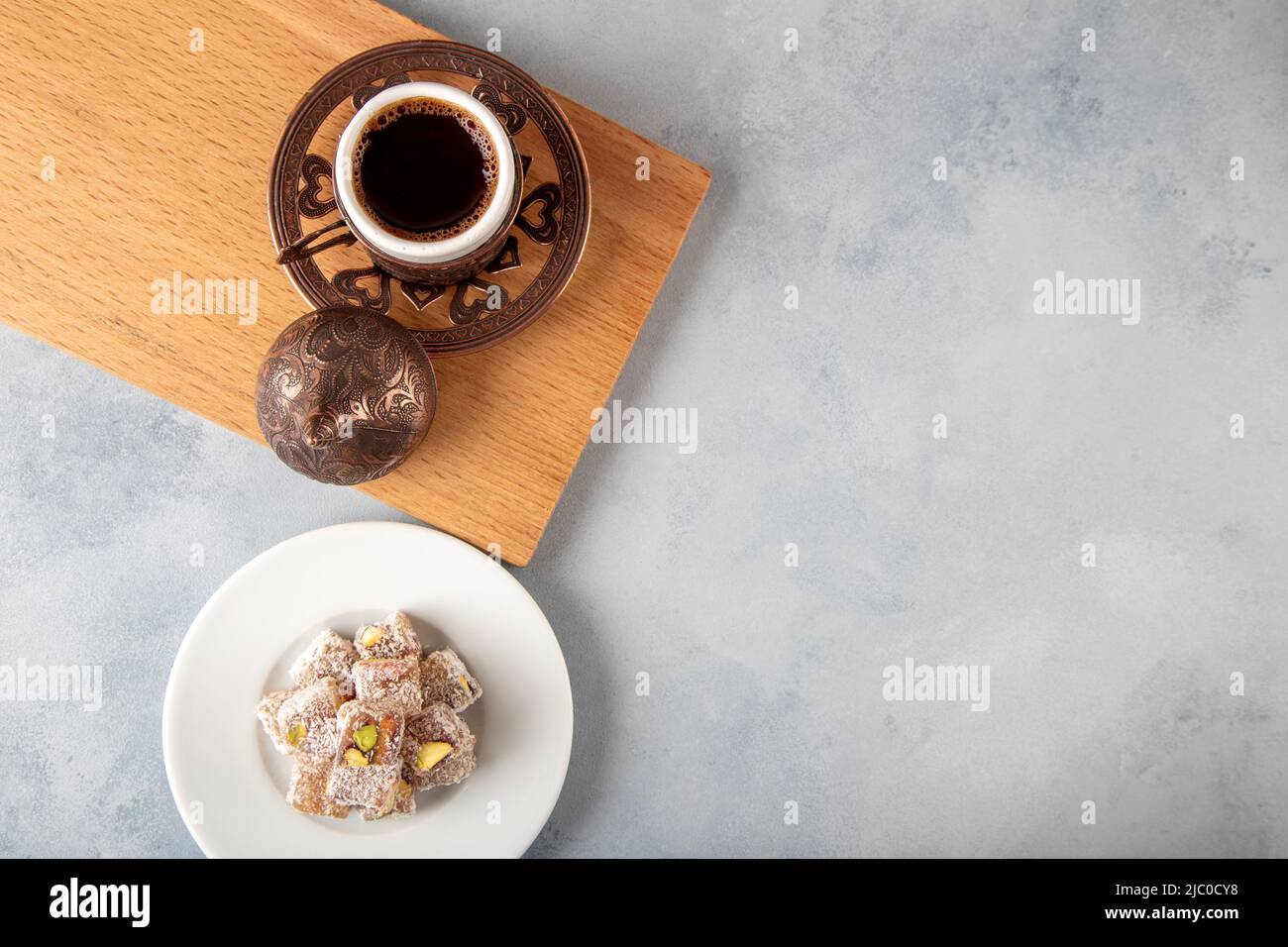 Traditional pistachio Turkish delight and Turkish coffee, top view ...