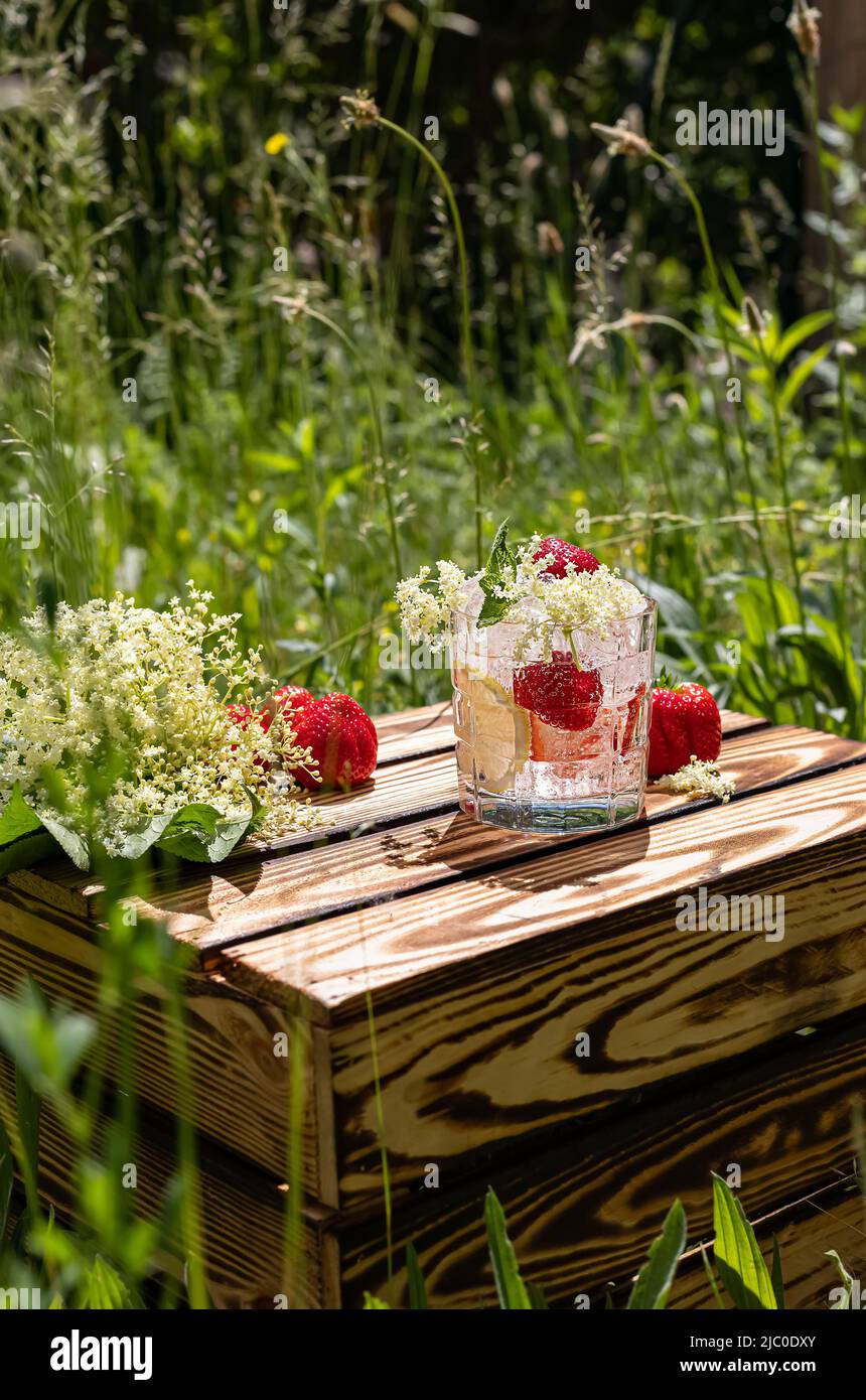 Summer lemonade made from elderflower cordial and strawberry. A cold ...