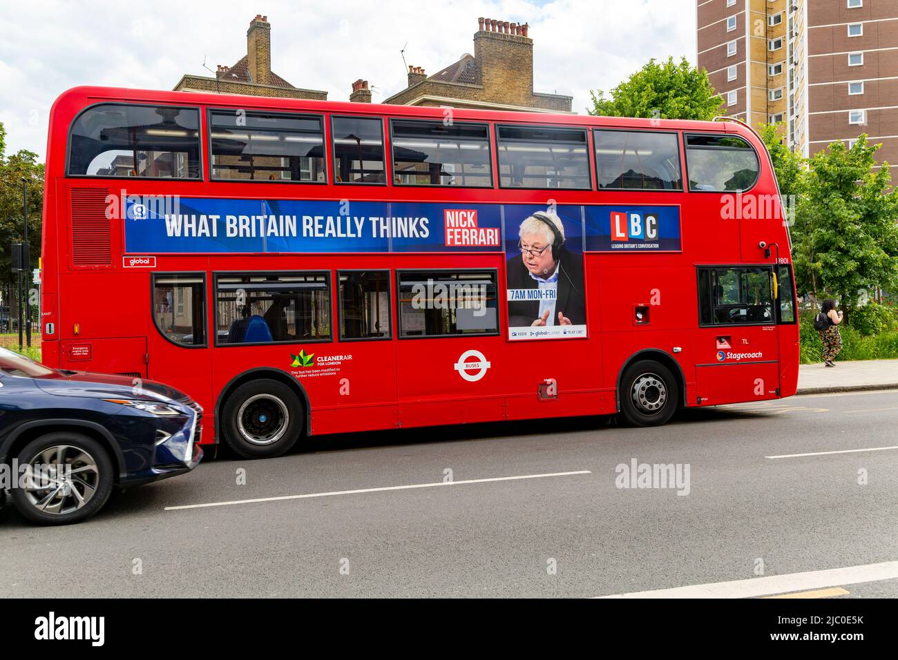 Advertising for LBC Radio Nick Ferrari show on red double decker bus ...
