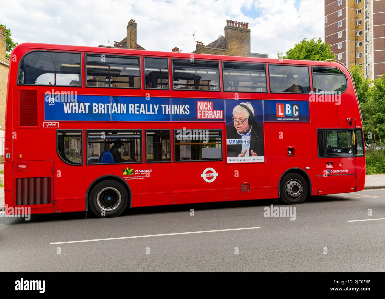 Advertising for LBC Radio Nick Ferrari show on red double decker bus ...