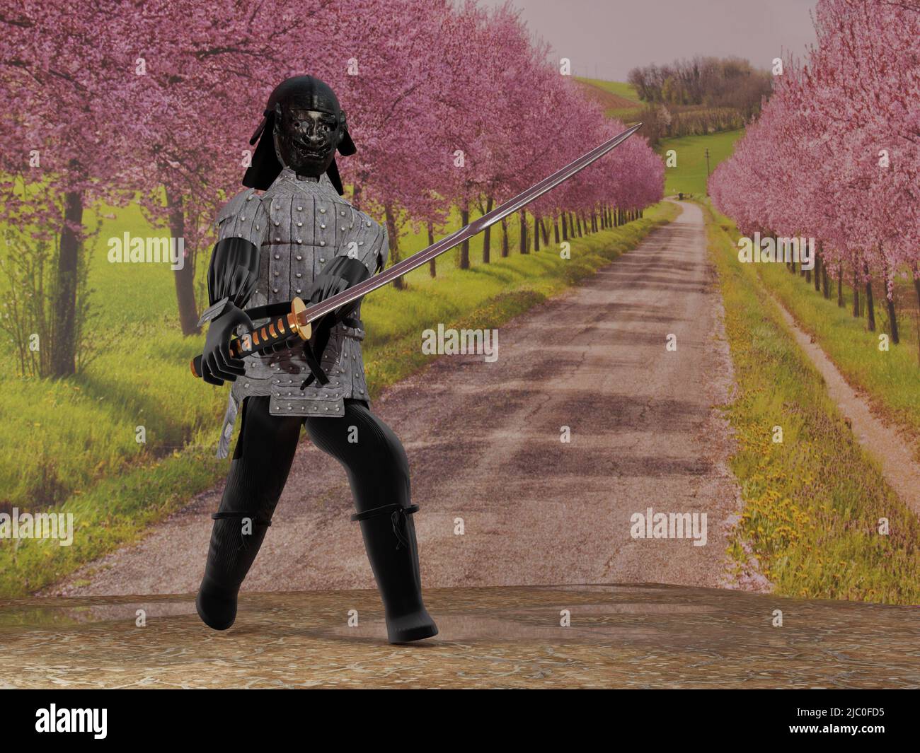 Samurai with katana with pink trees on the back, 3d rendering Stock ...