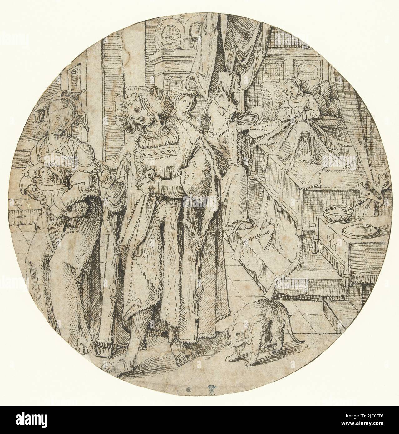 On the right the young mother in bed. Next to her a servant with a bowl ...