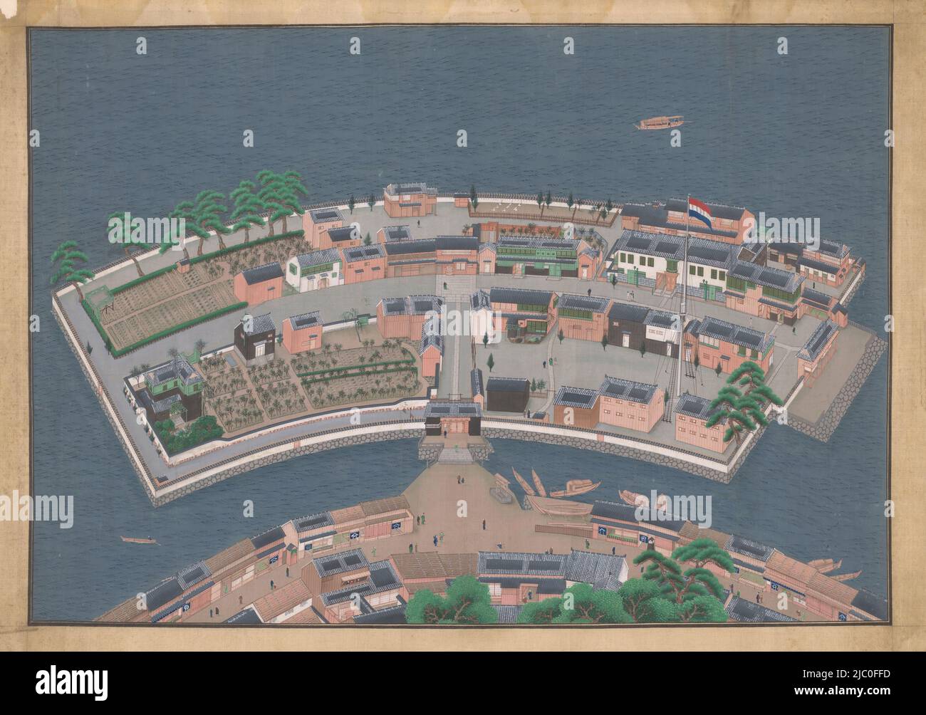 Bird's eye view of the fan-shaped island of Deshima in the port of ...