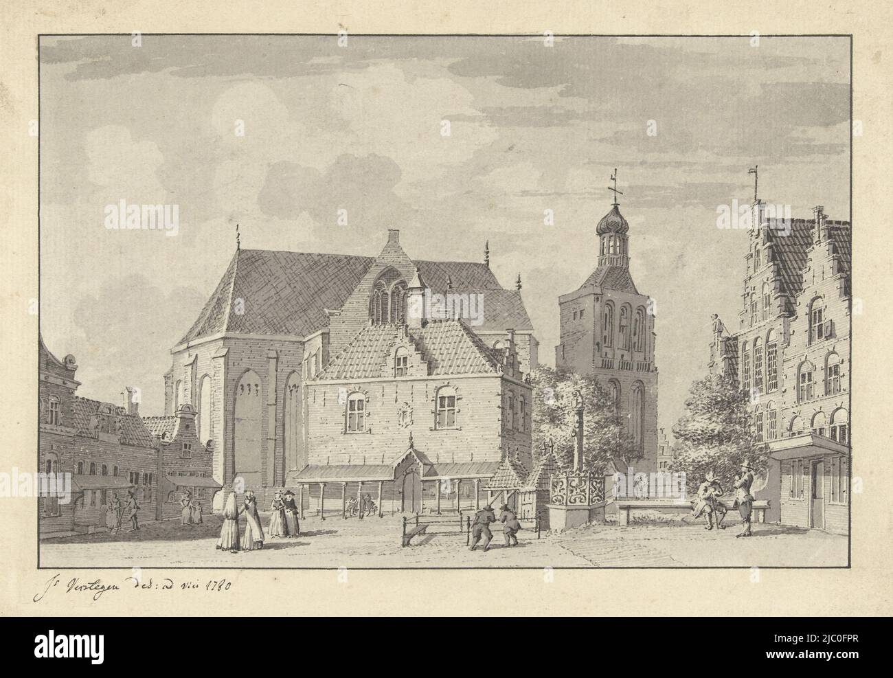 The church, dare and fish market in Workum, draughtsman: Jacobus ...