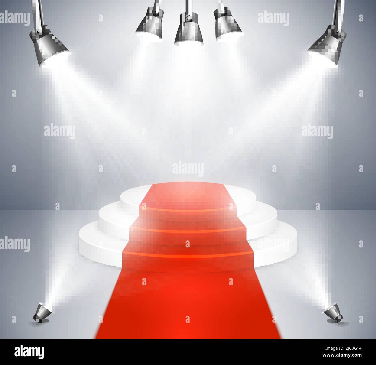 Red carpet stage with spotlights. Podium with red carpet. Spotlight ...