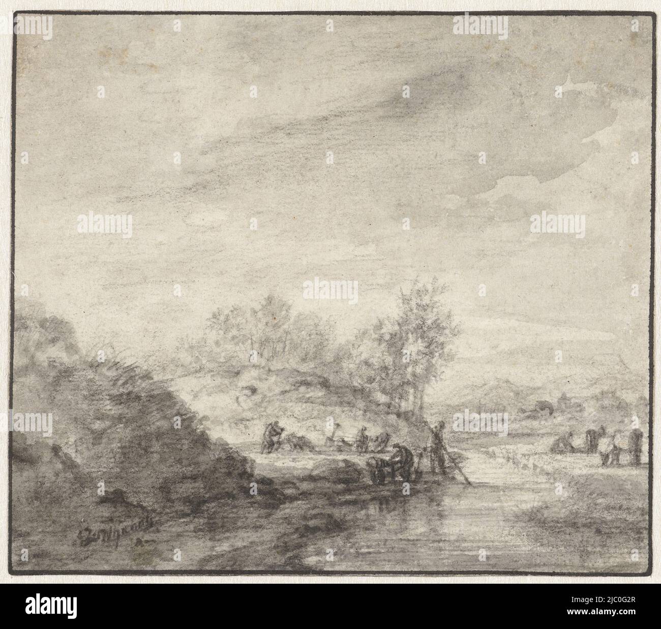 Hilly landscape with a stream, draughtsman: Jan Wijnants, 1600 - 1699 ...