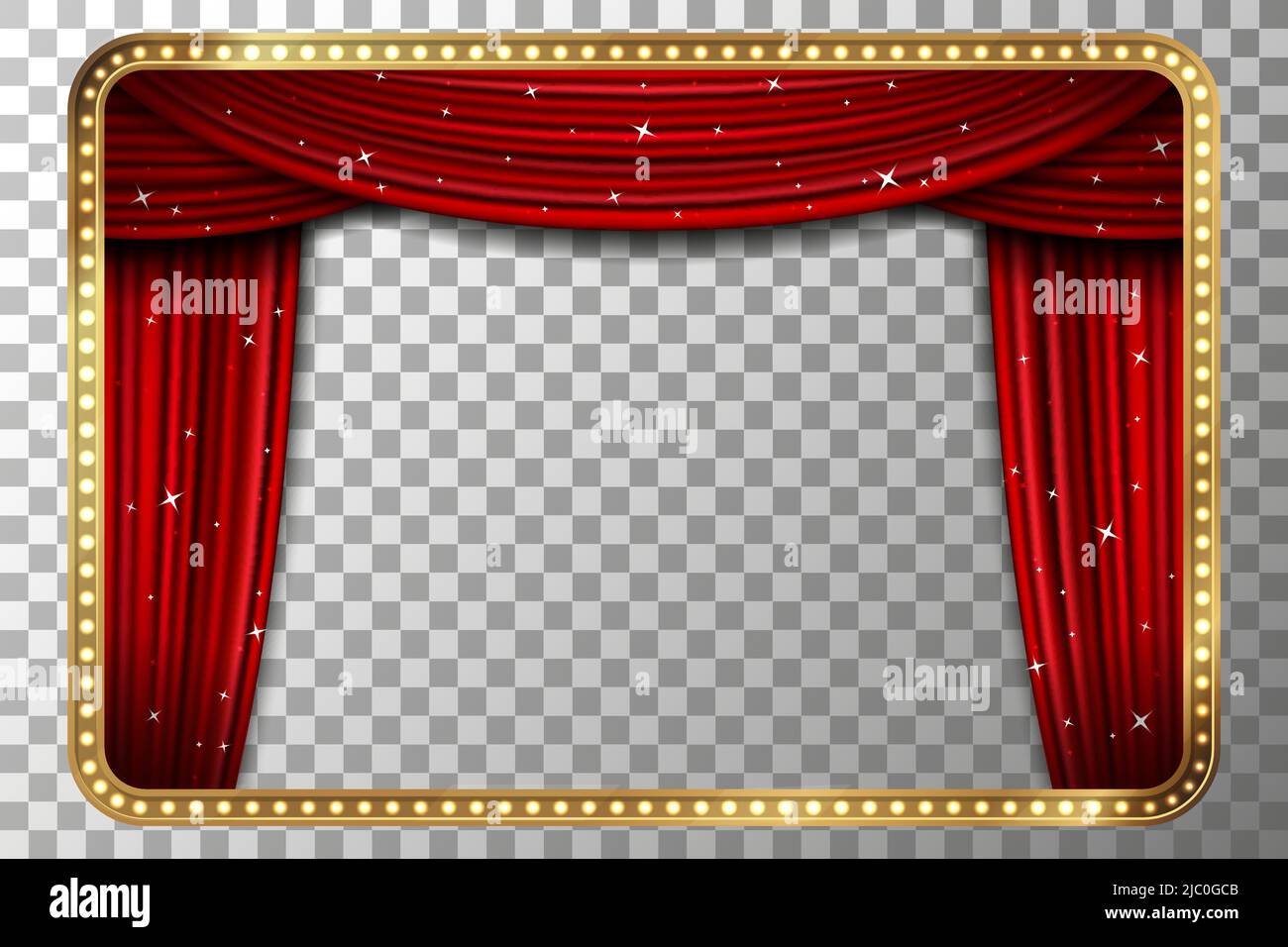 Frame with curtain. Retro golden frame with red curtain. Vector ...