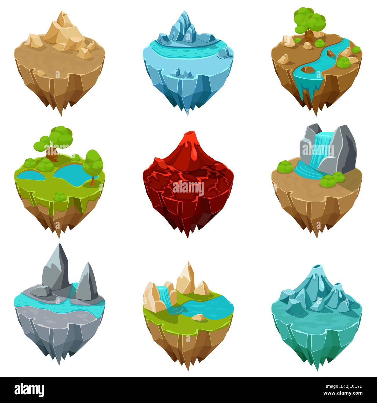 Islands of computer game isometric set with drought trees and mountains ...