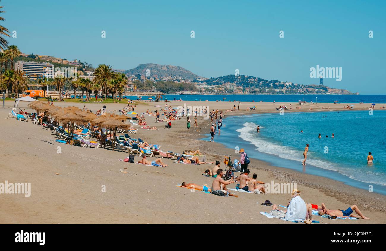 Malaga, Spain - May 26, 2022: A view over La Malagueta beach in Malaga ...