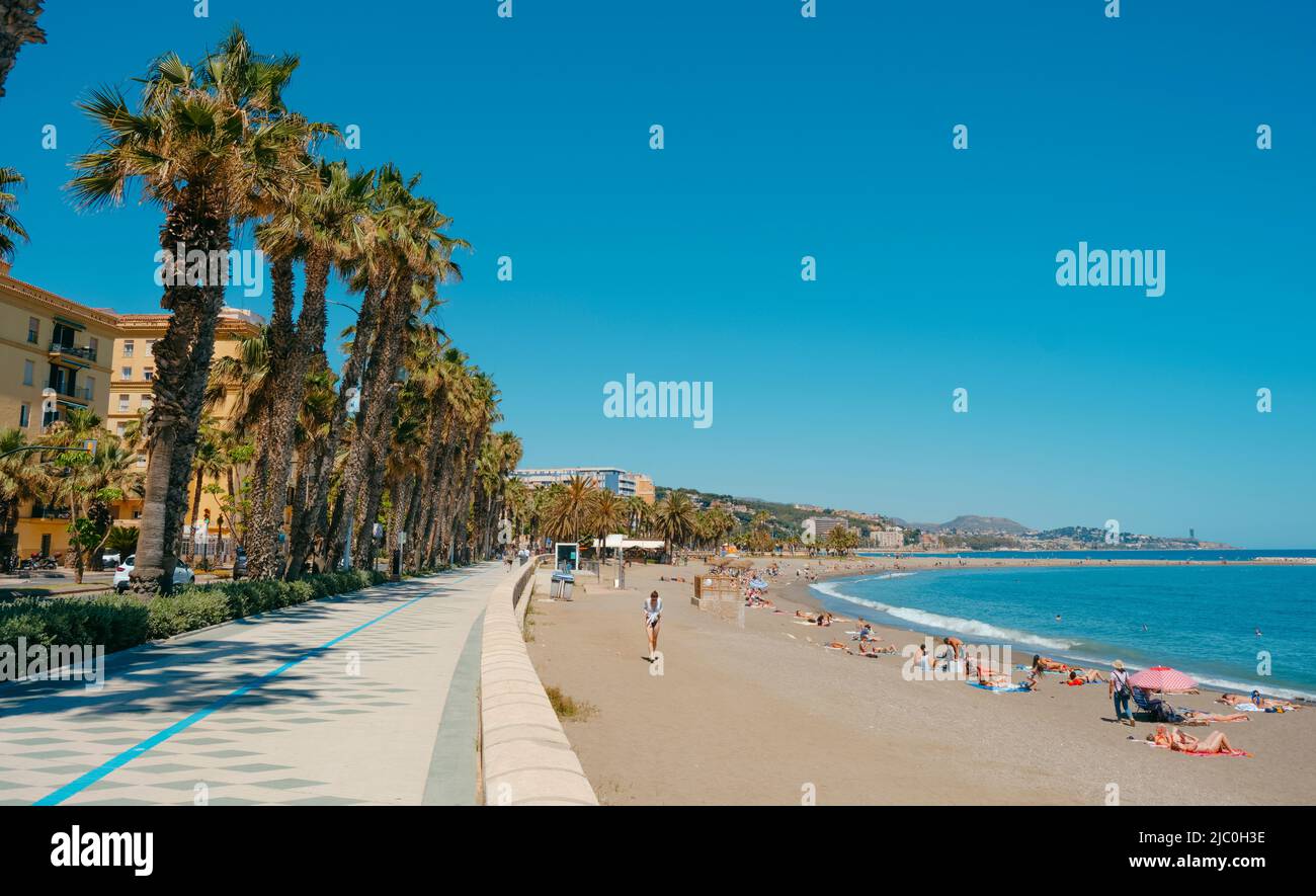 Malaga, Spain - May 26, 2022: A view of the promenade at La Malagueta ...