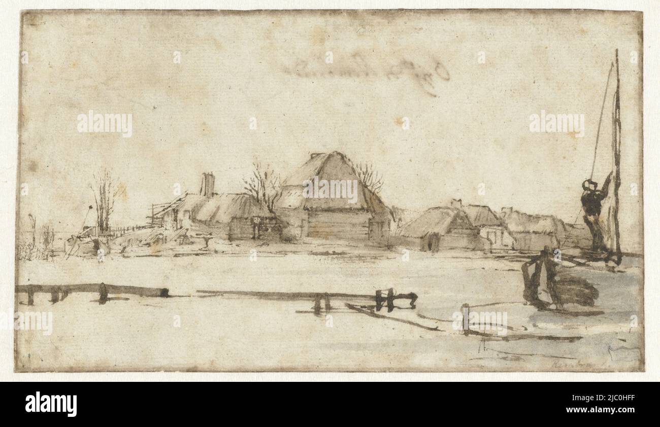 Winter View with a Waterway, Cottages and Two Boats, draughtsman ...