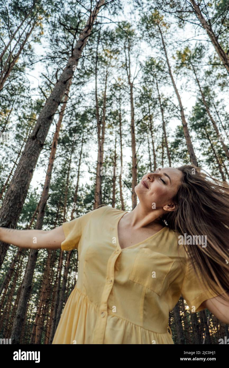Midsummer solstice ritual. Woman with long hair dance on nature ...