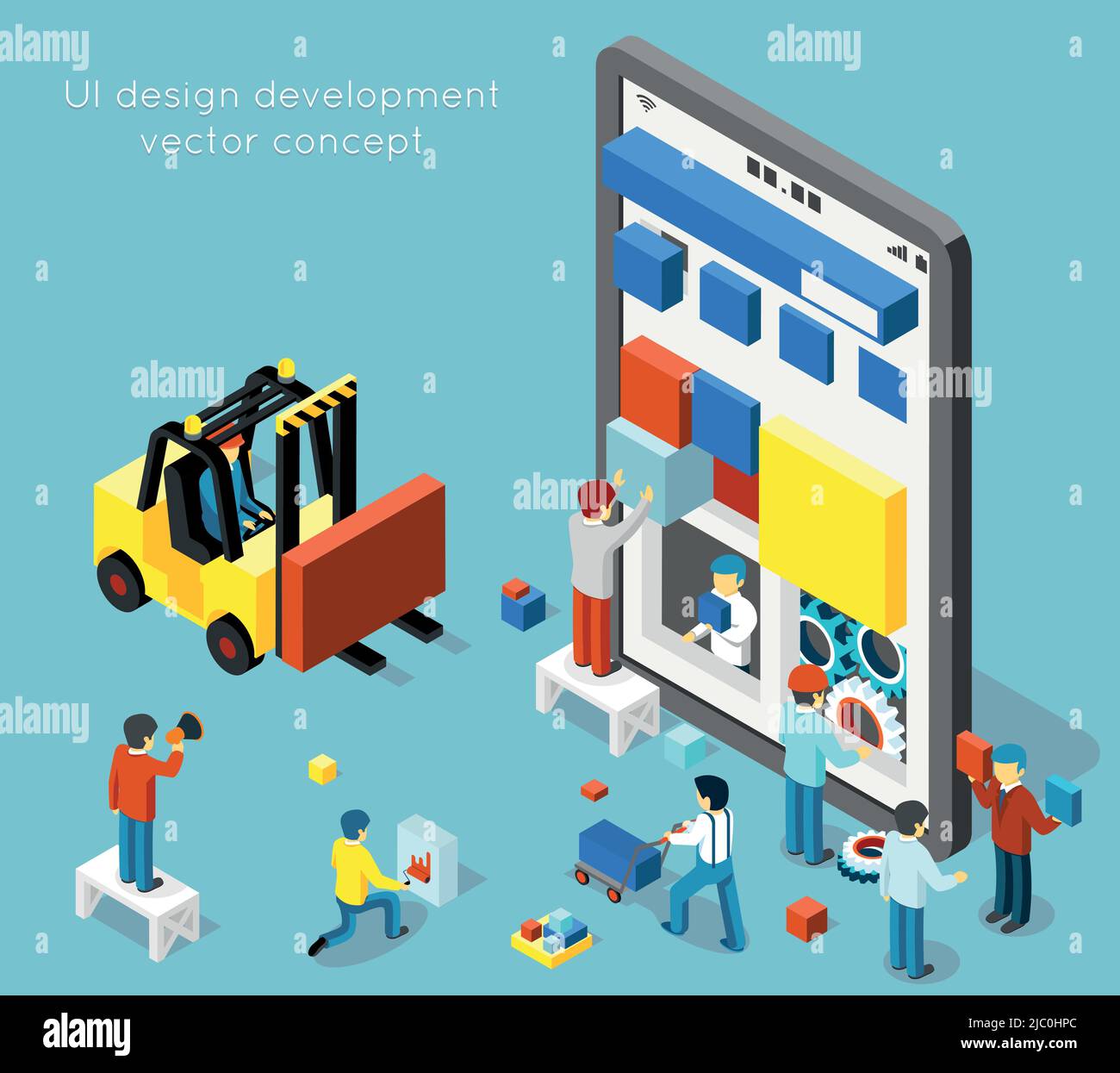 Smartphone UI design development vector concept in flat 3d isometric ...