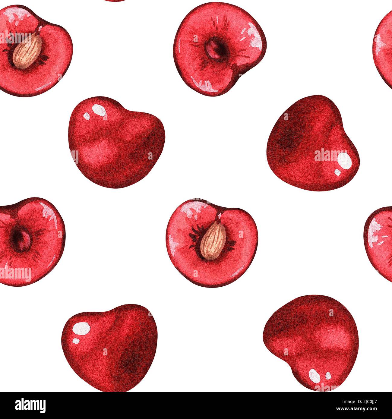 Cherry Seamless Pattern. Watercolor illustration. Isolated on a white ...