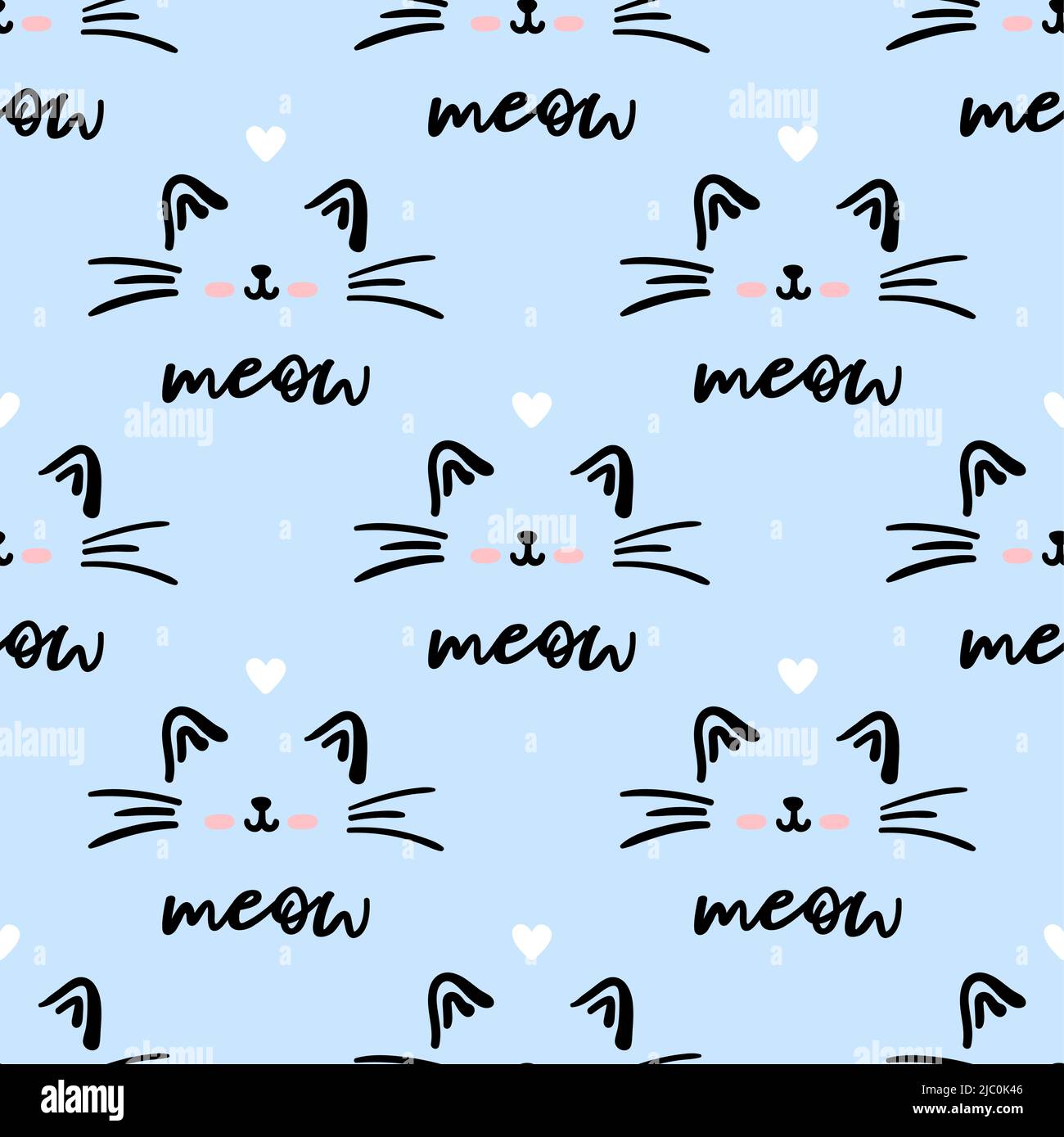 Blue cat seamless pattern. Meow and cat paws background vector ...