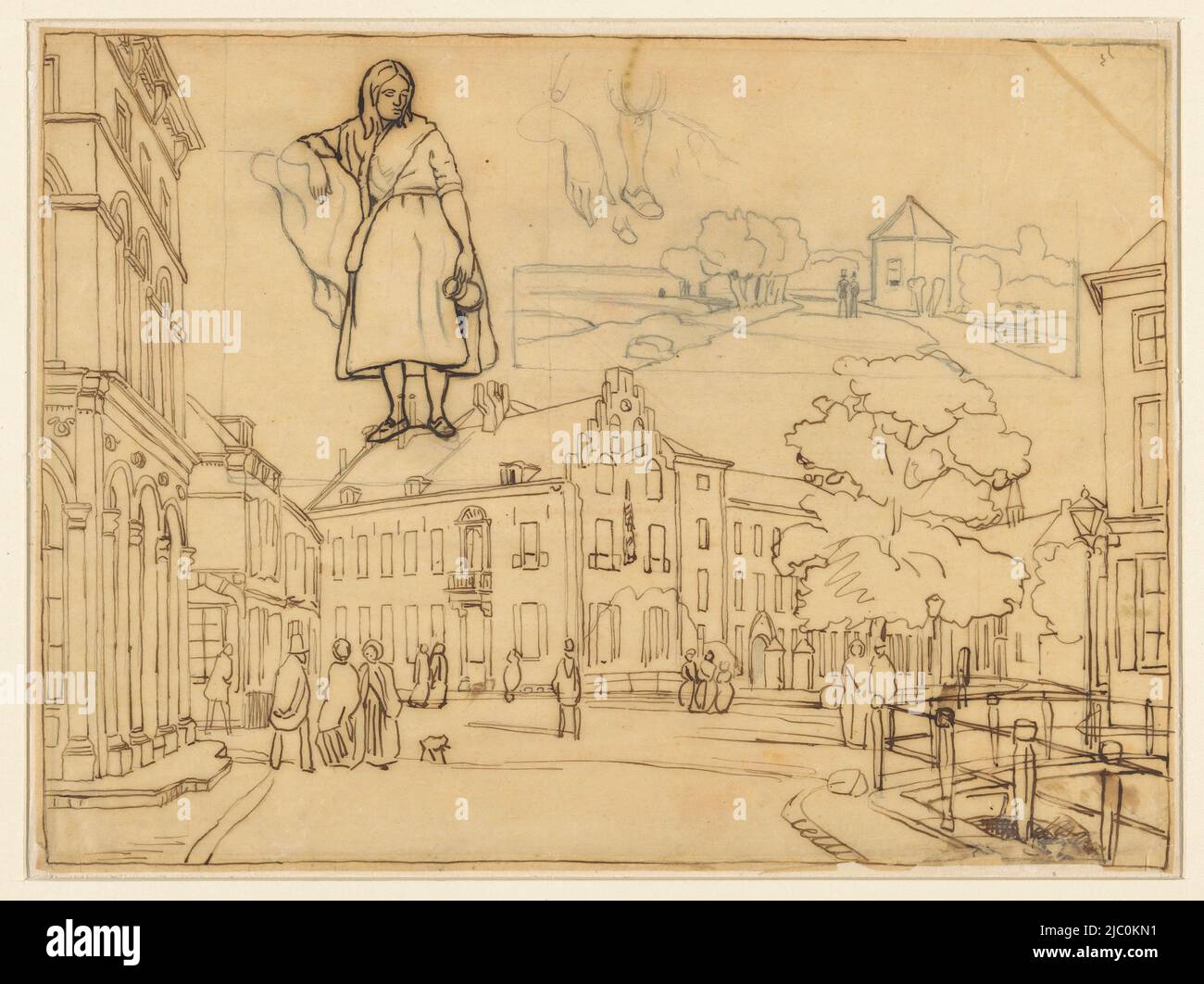 Design for a print, Paushuize in Utrecht and sketches of standing woman ...
