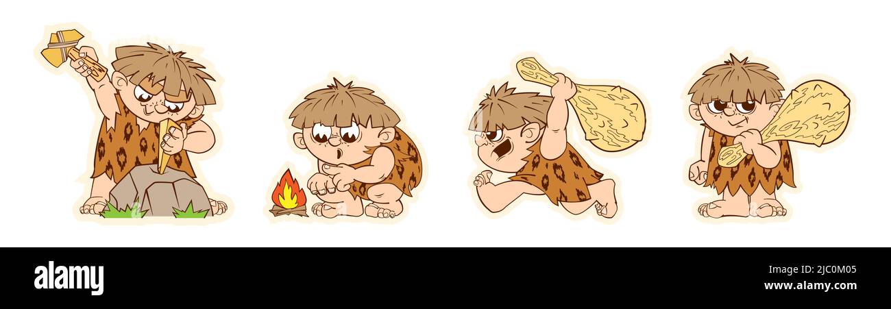 A set of funny stickers of a prehistoric primitive man, dynamic figures ...