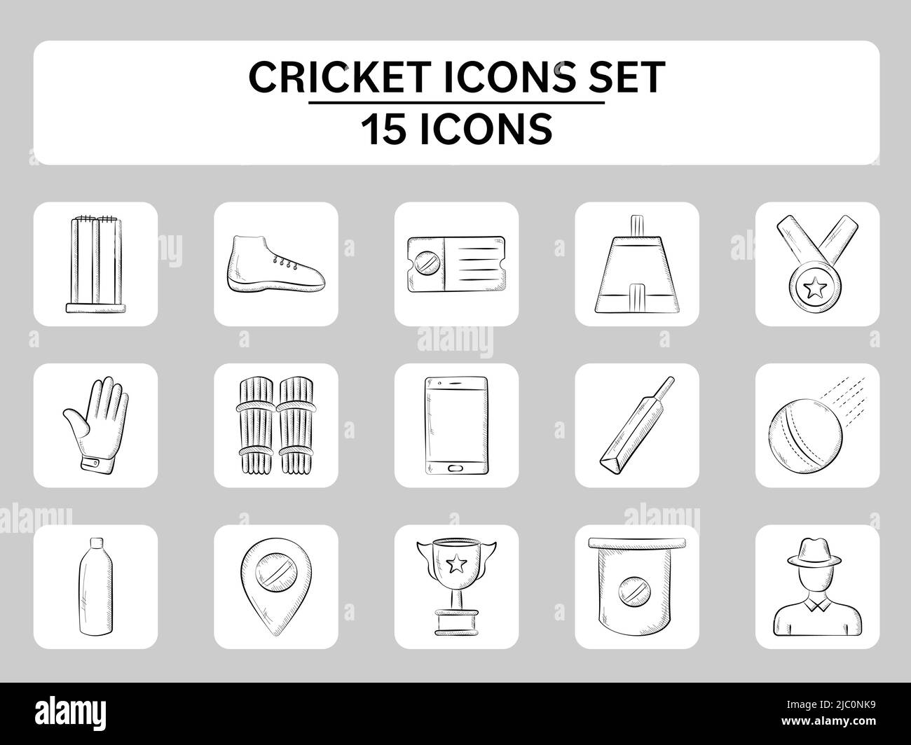 Black Sketching Style Cricket Icon Or Symbol Set On Grey Square ...