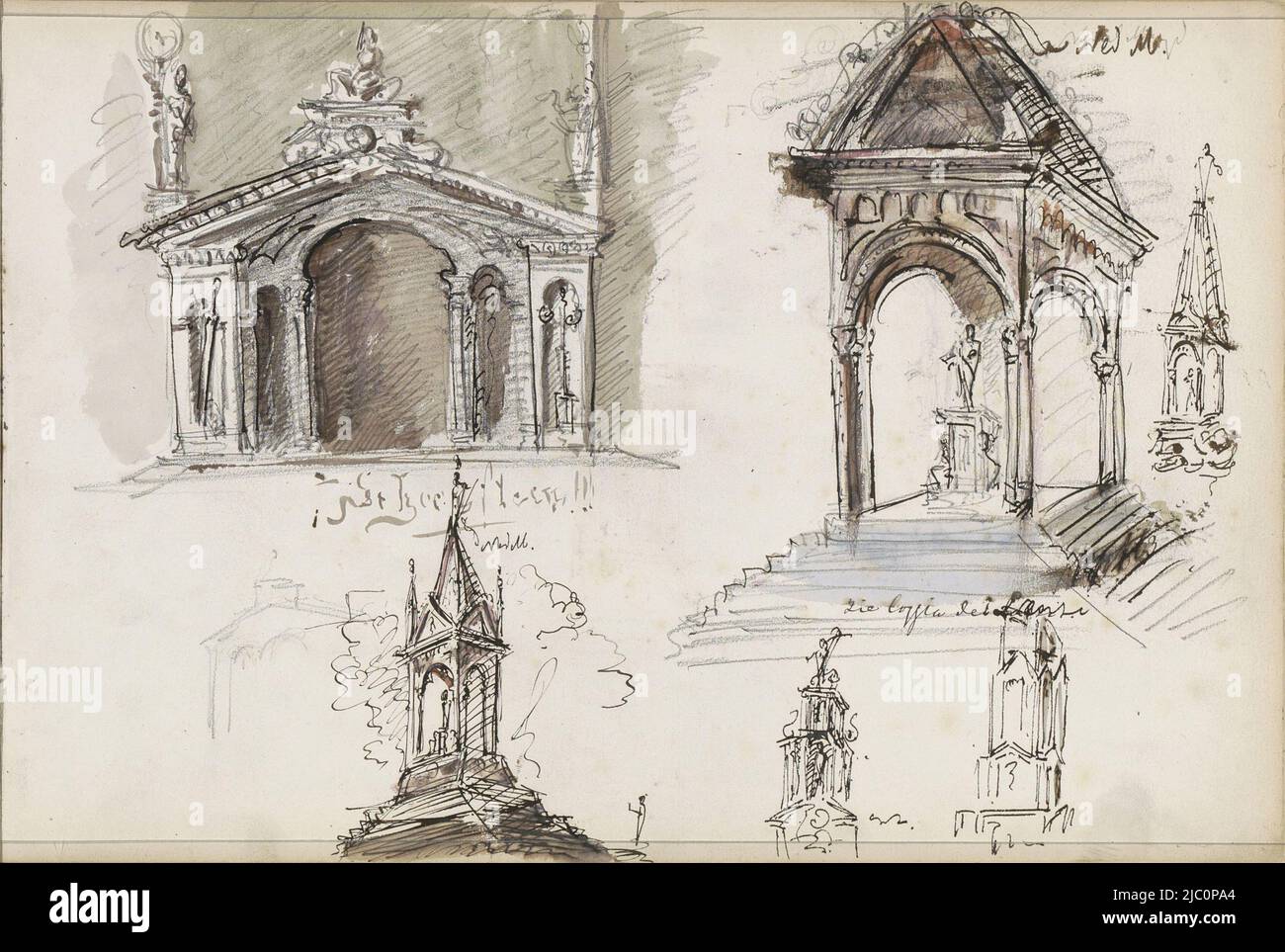 Sheet 57 verso from a sketchbook with 58 sheets, Tower spires, facade ...