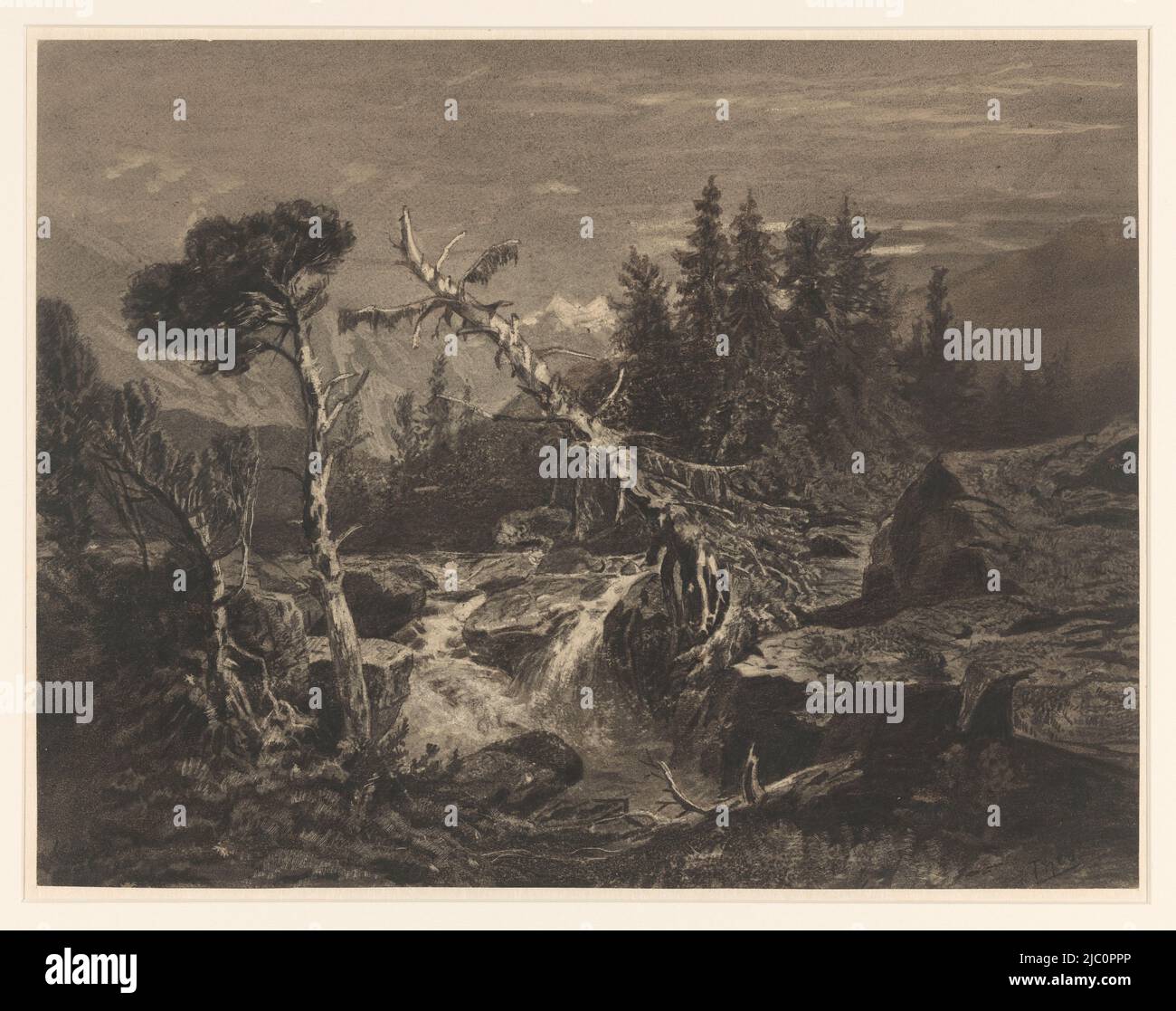 Mountainous landscape with waterfall and tree trunks, draughtsman: Theo van Hoytema, (possibly ...