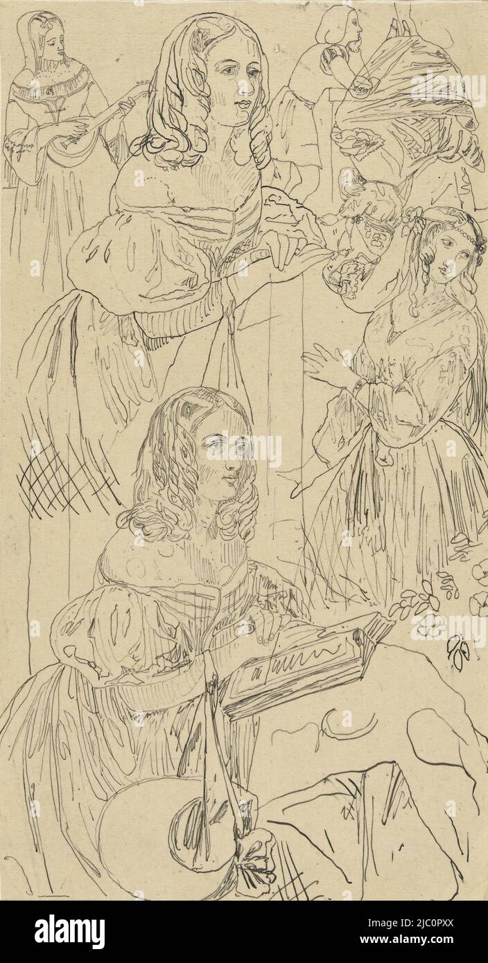 Study sheet with female figure in 19th century costume, and other ...
