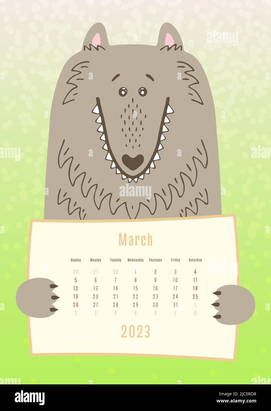 2023 march calendar, cute wolf dog animal holding a monthly calendar ...