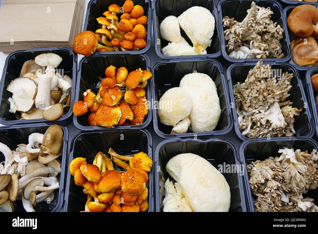 Containers of mixed gourmet mushrooms at a farmers market Stock Photo ...