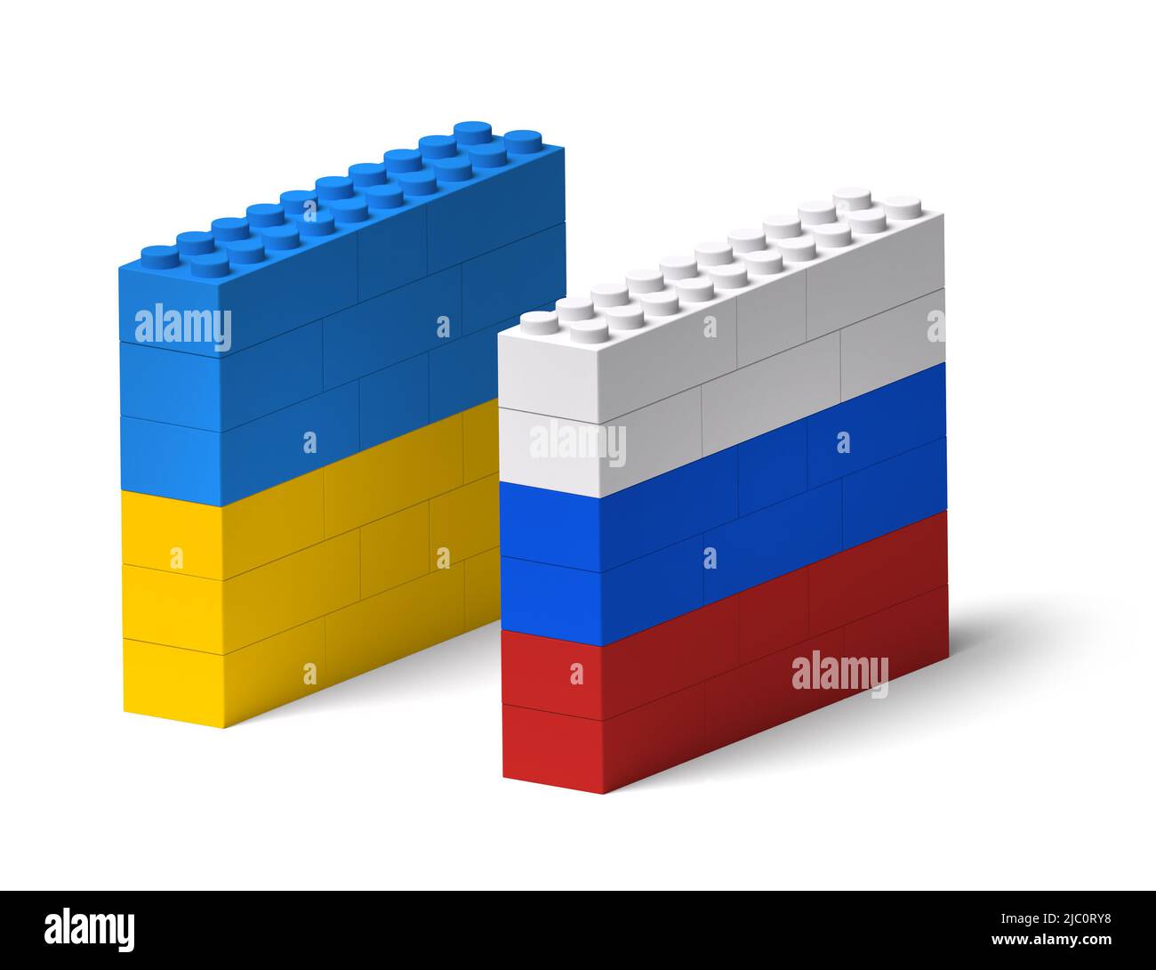 Plastic toy building block walls with Ukrainian and Russian flag colors ...