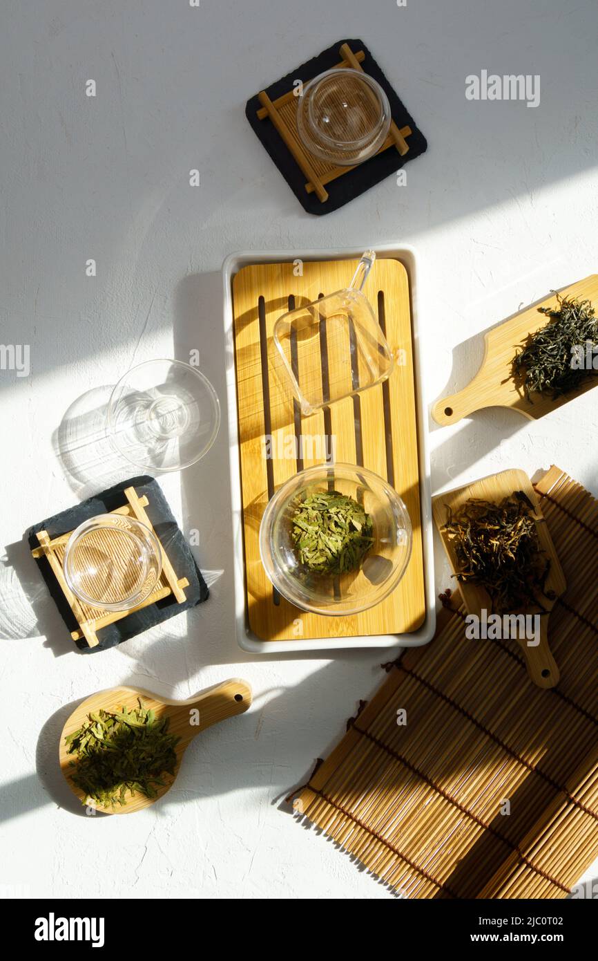 Green tea tea ceremony early in the morning. View from above. Organic ...