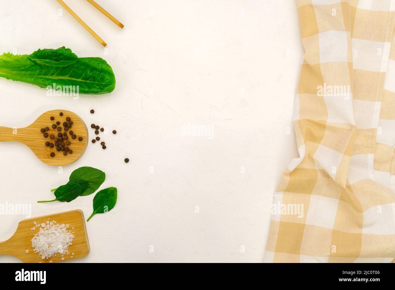 White concrete kitchen table salt spices for cooking background ...