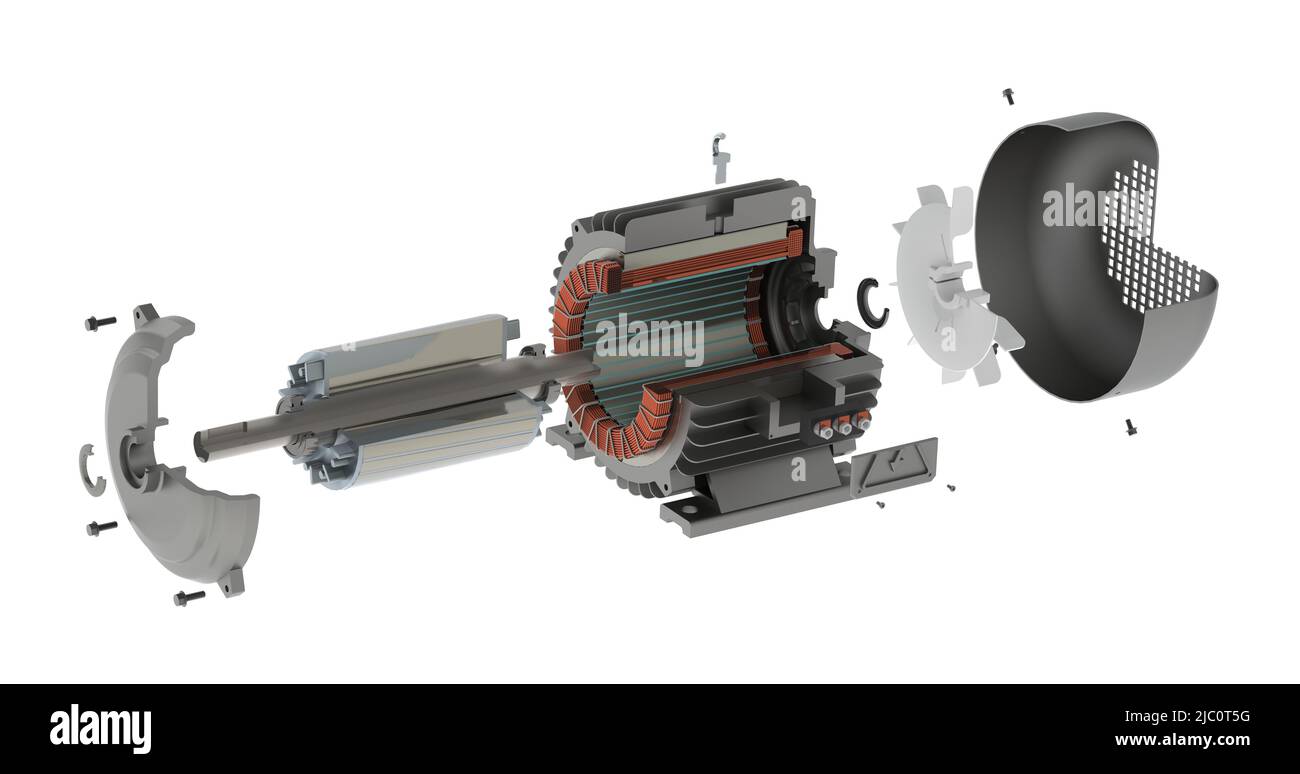 Electric motor, exploded view 3D illustration isolated on white background Stock Photo - Alamy