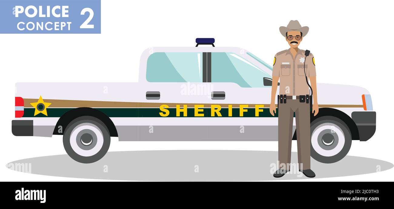 Detailed illustration of police car and police officer in flat style on ...