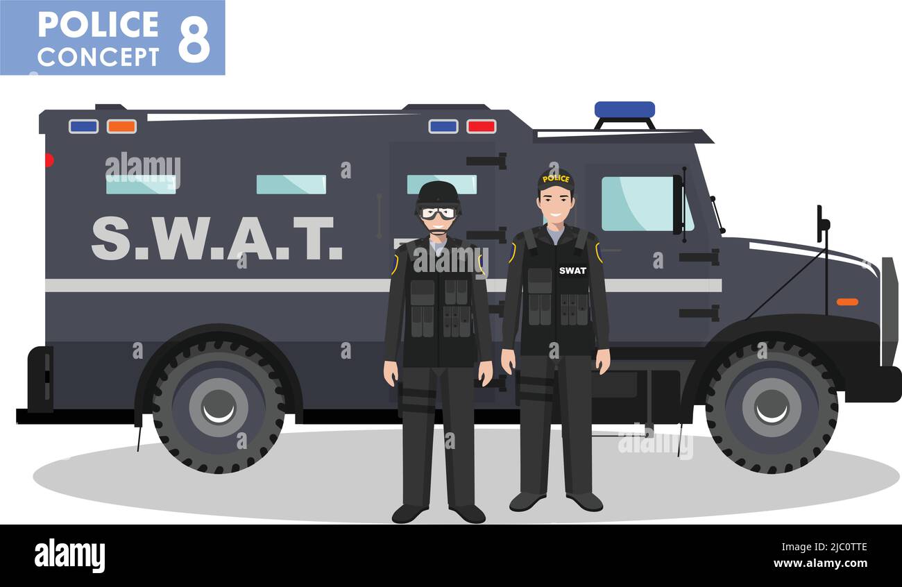 Detailed illustration of police car, SWAT officer and policeman in flat ...