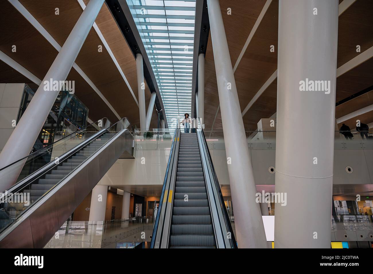 View of airport terminal escalator or moving stairway. Travel concept ...