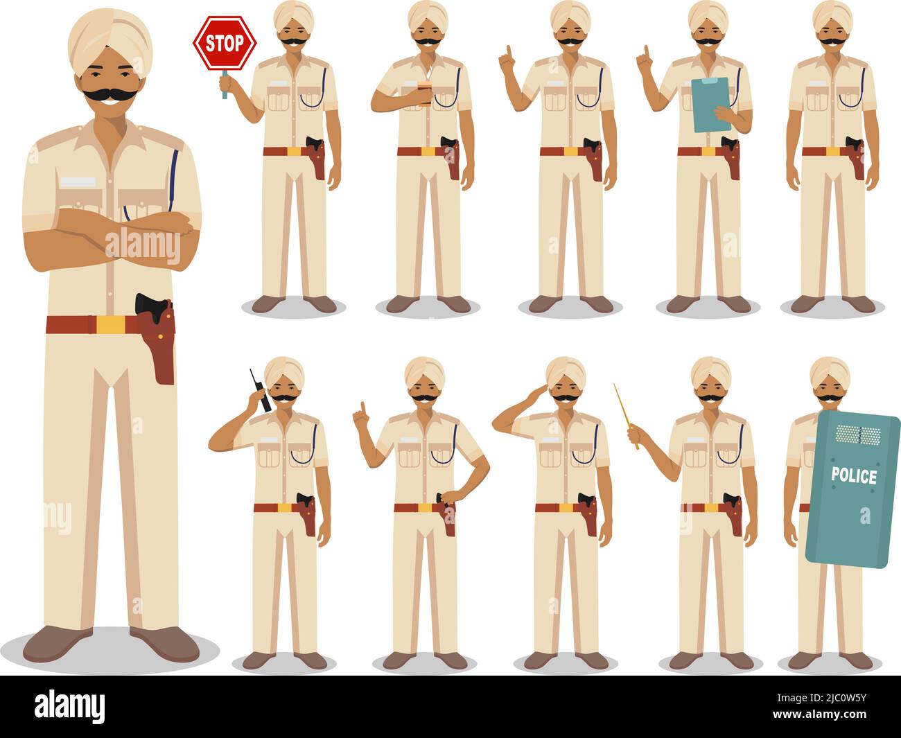 Set of different detailed illustration of indian policeman standing in ...